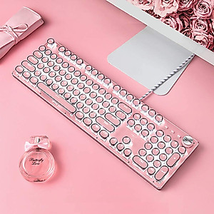 CC MALL Gaming Keyboard,Retro Punk Typewriter-Style, Blue Switches, White Backlight, USB Wired, for PC Laptop Desktop, Stylish Pink Mechanical Keyboard (Round Keycaps)