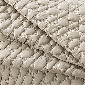 Beige Quilt Queen Size Bedding Sets with Pillow Shams, Lightweight Soft Bedspread Coverlet, Quilted Blanket Thin Comforter Bed Cover, All Season Summer Spring, Tan Cream, 3 Pieces, 90x90 inches
