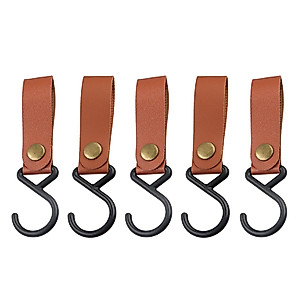 GUDEKIKL 5Pcs Leather Straps with S Hooks, Multifunctional S Shelf Hooks, Outdoor Camping Strollers Hooks Hangers, Portable Utility Hooks for Hanging