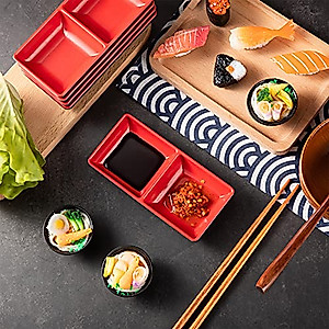 6 Pieces Dual Dipping Bowls Melamine Dual Sauce Bowls Dual Sauce Dishes Divided Sauce Dishes Wasabi Sushi Dipping Plates Appetizer Serving Tray for Restaurant Kitchen, Soy Sauce, Ketchup, BBQ Sauce