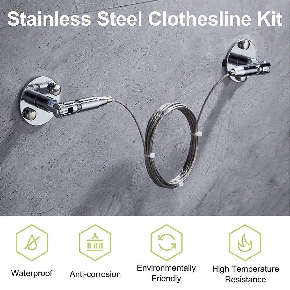 UFURMATE Clothesline Set, Stainless Steel Outdoor Cable Wire Rope Wall Mount Picture Hanging Wire Rod Set with Small Clothespins and Screws for Hanging Clothes, Photos, Ornaments