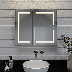Croydex Sabine Dual, Recessed or Surface Mount, 2 USB Ports, Dimmer, Hang 'n' Lock Easy Installation Illuminated LED Medicine Cabinet, 30W x 26H, Aluminum