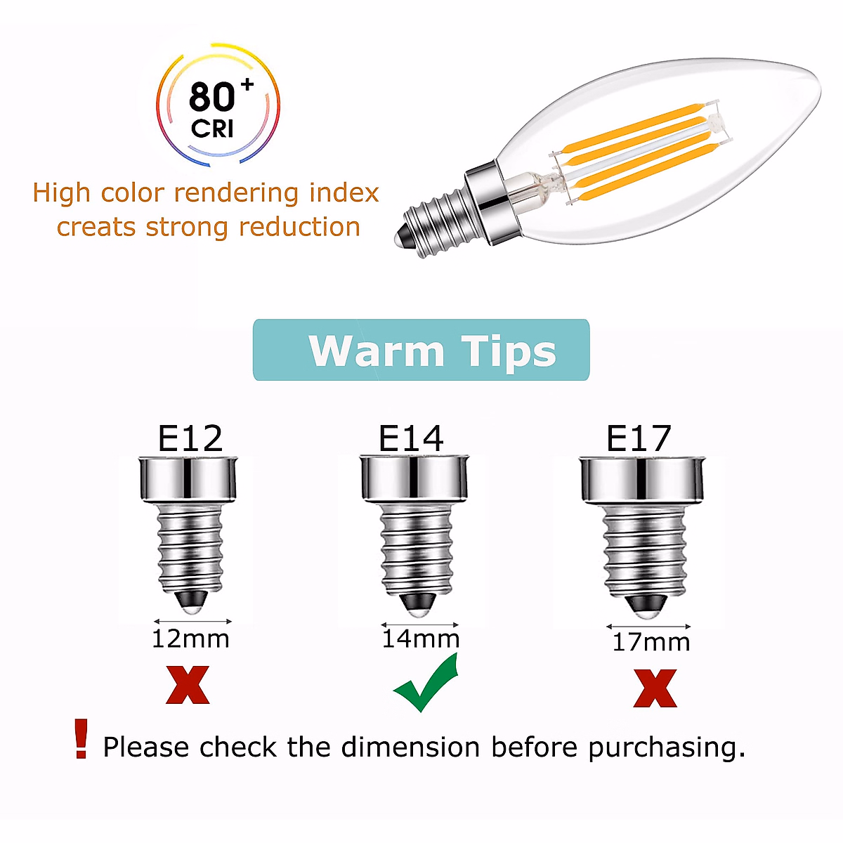 Lamsky E14 Base LED Filament Candle Shape Light Bulb,E14 European Base Bulb,Warm White 2700K 400LM 40W Equivalent,C35 Clear Glass Torpedo Shape Bullet Top,No-Dimmable (4-Pack)