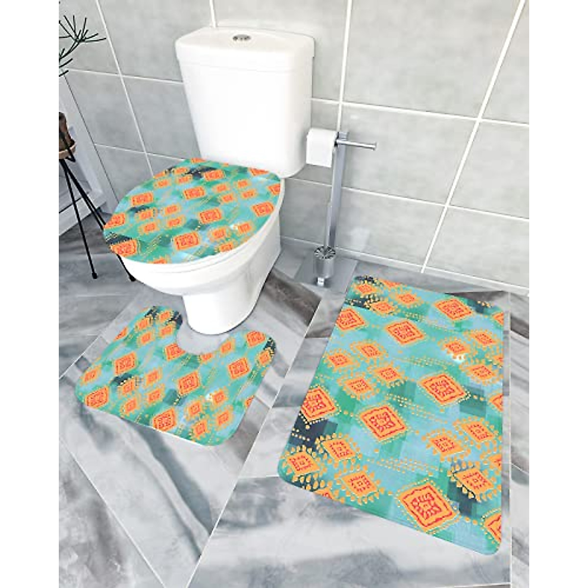 Bath Rugs for Bathroom Set 3 Piece Abstract Diamond Polka Dot on Green Gradient Non-Slip Washable Memory Foam Absorbent Bath Mat Rugs for Tub Shower,U-Shaped Toilet Floor Mats,Toilet Lid Cover