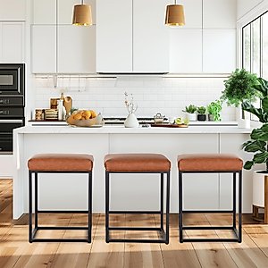 MAISON ARTS Counter Height Bar Stools Set of 3 for Kitchen Counter 24 Inch Backless Modern Barstools Industrial Upholstered Faux Leather Stools Farmhouse Island Chairs, Brown