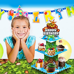 3-Tier Pixel Game Style Cupcake Stand,Mining Birthday Party Decoration Cardboard Cupcake Stand, Dessert Holder Display for Birthday Party Supplies