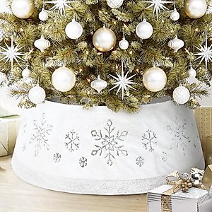 LASPERAL White Christmas Tree Collar, 30 Inches Sliver Snowflake Tree Ring for Artificial Tree Farmhouse Plush Xmas Tree Stand Cover with Plastics Sheets Christmas Holiday Tree Decoration