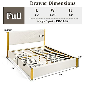 Giantex Full Size Upholstered Bed Frame, Wooden Slatted Bed with Adjustable Headboard & 4 Storage Drawers, Deluxe Platform Bed Frame with 1300 LBS Weight Capacity, No Box Spring Needed, Gold&Beige