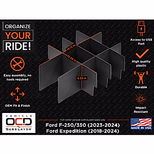 Vehicle OCD - Center Console Organizer for Ford F250 / F350 SuperDuty (2017-2022) and Expedition (2018-2024) (full console w/bucket seats ONLY) - Made in USA