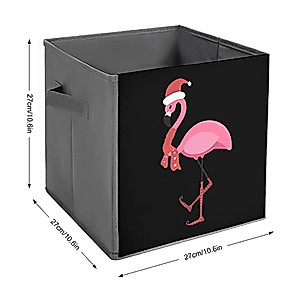 Flamingo in Santa Hat and Scarf Foldable Storage Bins Printd Fabric Cube Baskets Boxes with Handles for Clothes Toys, 11x11x11