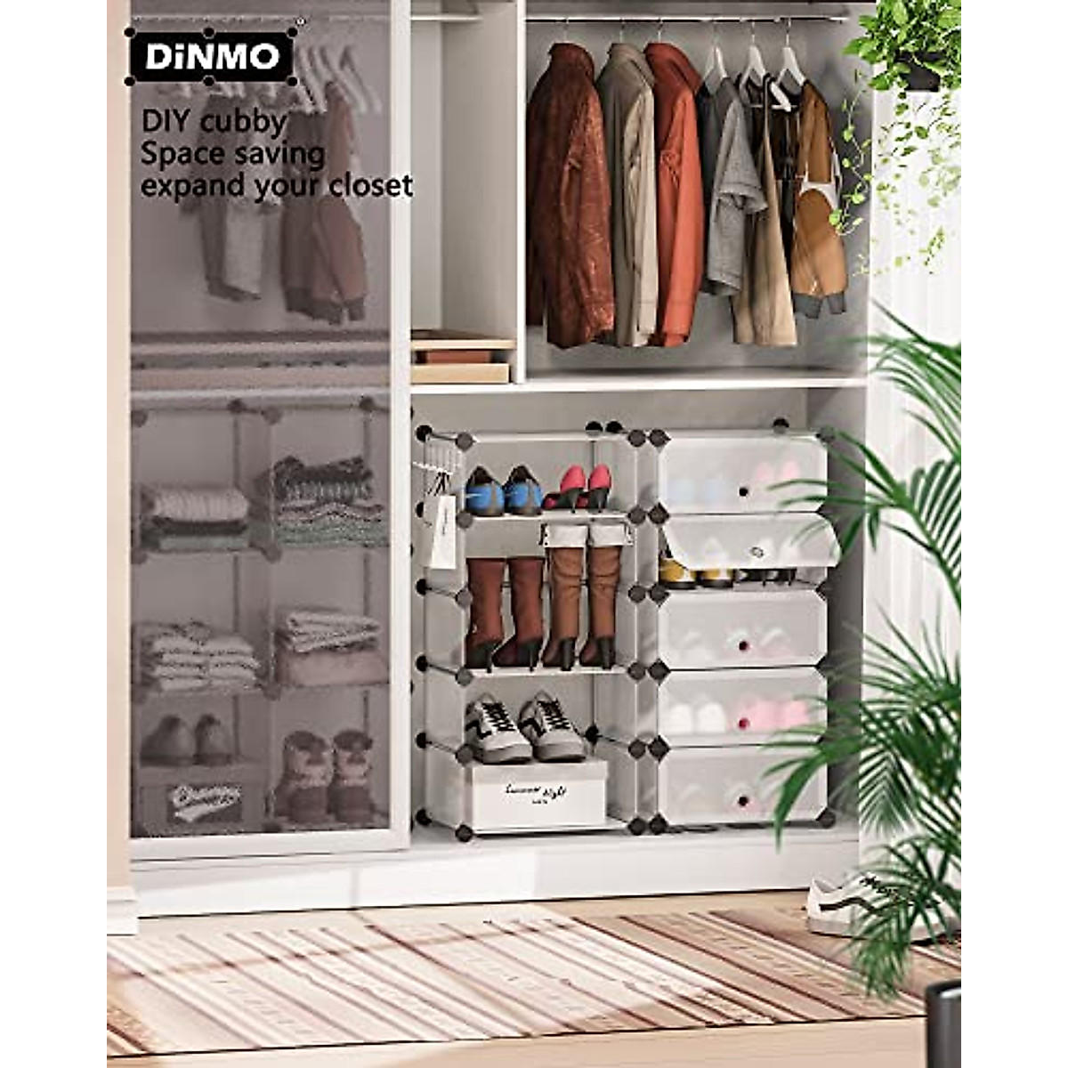 DINMO 10-Tier Shoe Rack with Doors for Entryway, 20 Pairs, Portable Plastic Cubby Shoe Shelves Organizer Unit, DIY Shoe Cabinet, White