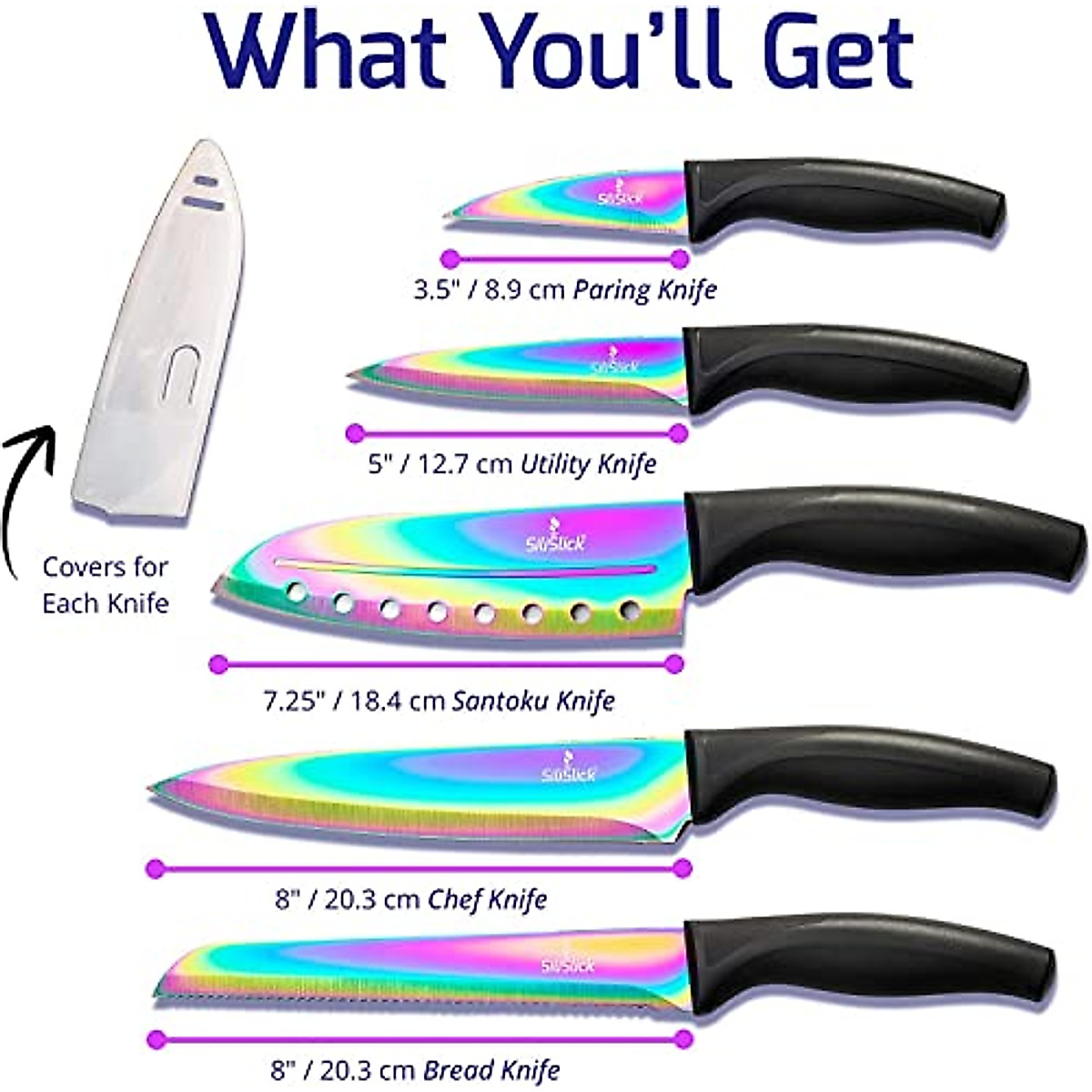 SiliSlick Kitchen Knife Set Professional, Titanium Coated Stainless Steel Blades, Dishwasher Safe, Safety Sheaths, 5 Knives