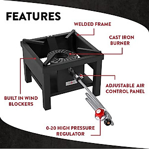 GasOne B-5250 100,000 BTU Square Heavy-Duty Propane Burner Outdoor Gas Cooker with Adjustable 0-20 PSI Regulator & Steel Braided Hose