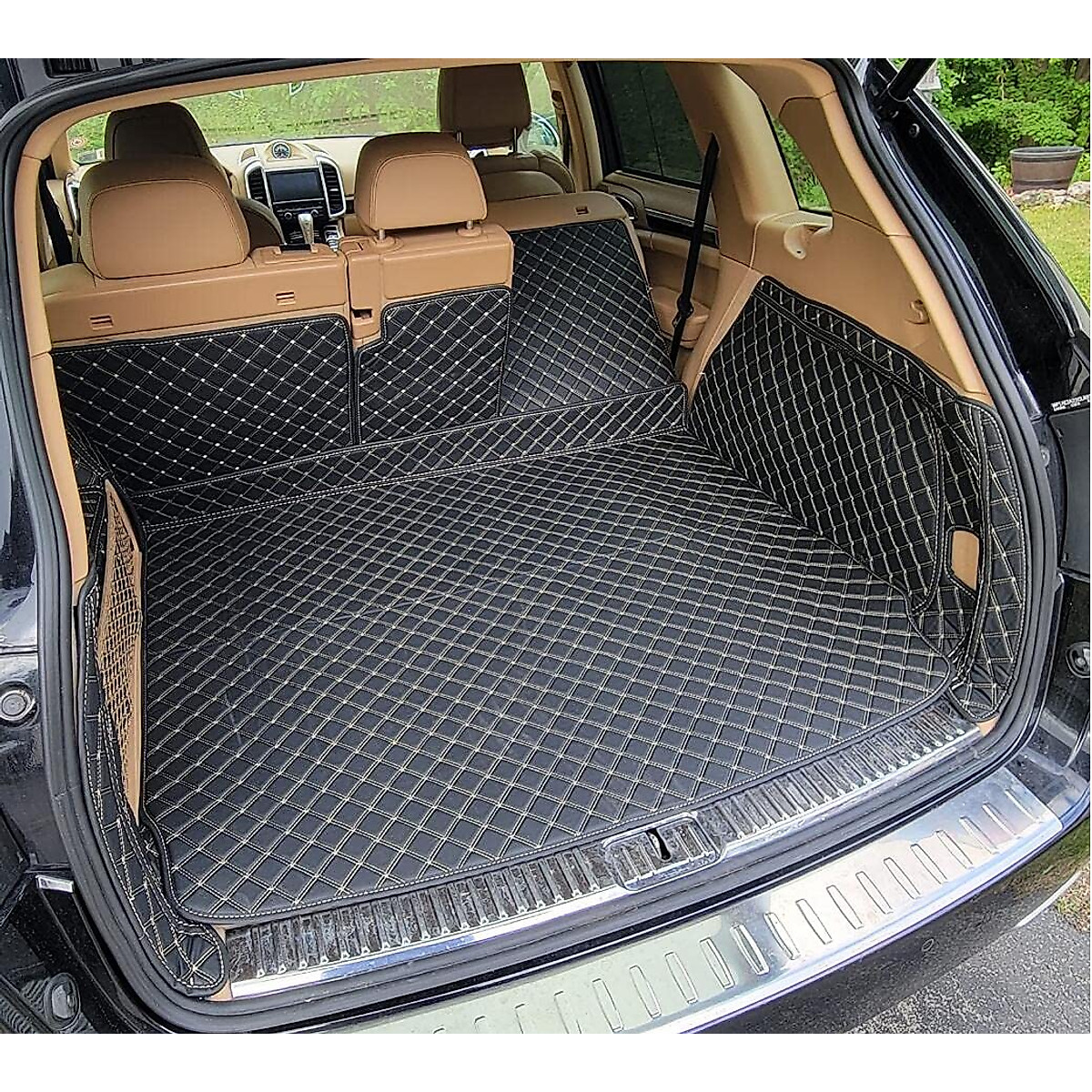 Worth-Mats Trunk Mat Compatible with Porsche Cayenne SUV Fuel 2019-2024 3D Full Coverage Cargo Liner Black with Gold Stitching