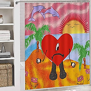 Bad Cute Bunny 4 PC Bathroom Shower Curtain Sets, with Non-Slip Rugs, Toilet Lid Cover and Bath Mat, Durable and Waterproof Bathroom Complete Set Decor Accessory 71" X 71"