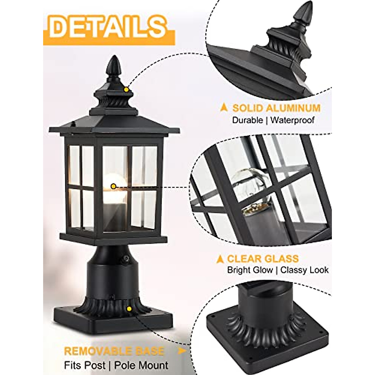 GYDZ Outdoor Dusk to Dawn Post Light, Outdoor Lamp Post Light Fixture, Exterior Pier Light Post Mount Light Head with Clear Glass for Garden, Matte Black, 2 Pack