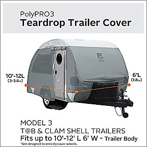 Classic Accessories Over Drive PolyPRO3 Deluxe Teardrop Trailer Cover, Fits 10' - 12', Tear-Resistant, Travel Trailer Storage Cover, Compatible with R-Pod Trailers, Clamshell Trailers, Grey/White
