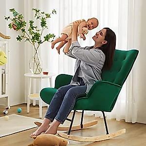 IDEALISMLIVING Rocking Chair, Nursery Glider Rocker Chair with Linen Fabric, Boho Chair with Solid Wood, Nursery Rocking Armchair for Baby Room, Rocking Chair Nursery for Living Room Bedroom (Green)