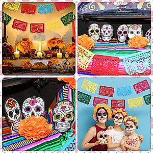 Buryeah 23 Pcs Halloween Day of The Dead Trunk or Treat Car Decorations Kit Dia De Los Muertos Themed Car Decor Mexican Serape Marigold Flower Heads Cutouts Background for Car Trunk