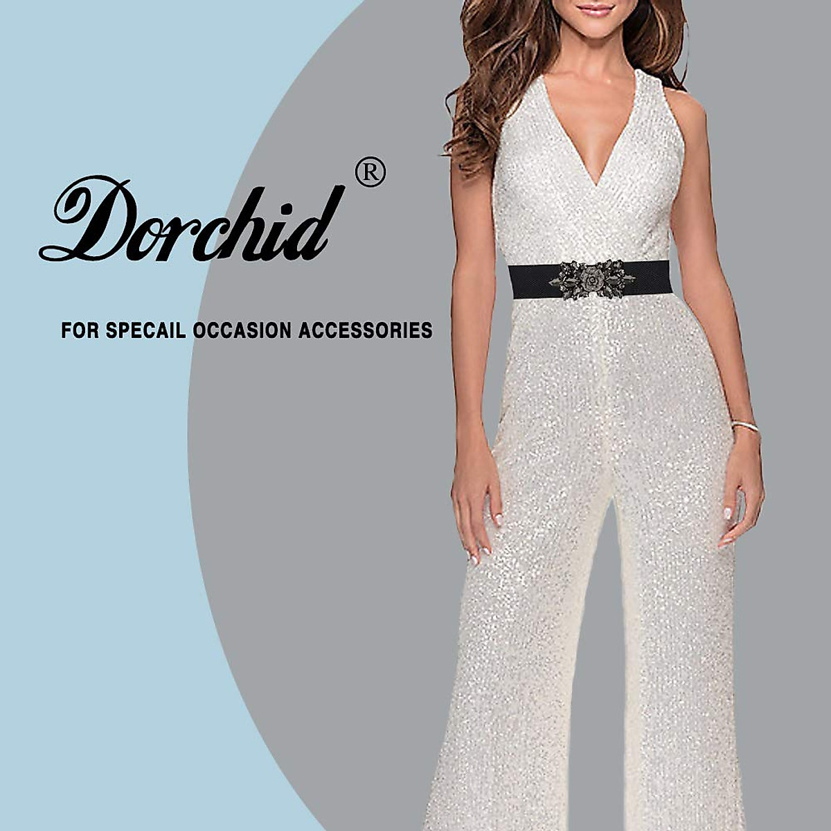 Dorchid Women Retro Belts Rhinestone Cummerbunds Floral Crystal Interlocking Waistband Stretch belt for Female (Black, S-M(26~31"))