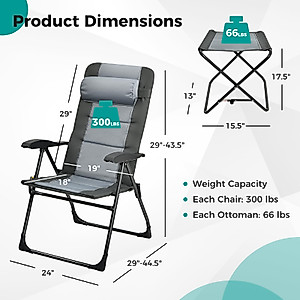 GYMAX Patio Chairs with Ottomans, Outdoor Recliner Set of 2 with 7-Level Backrest, Armrest, Detachable Headrest & Back Pocket, Padded Folding Camping Lounger for Lawn Balcony Backyard (2)