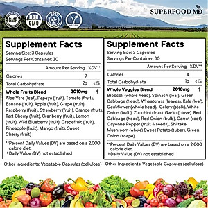Superfood MD Fruits and Veggies Supplement - 90 Fruit and 90 Veggie Capsules -100% Whole Natural Superfood - Filled with Vitamins and Minerals - Supports Energy Levels - Made 90 Count (Pack of 2)