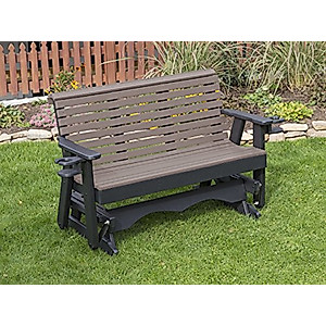 ECOMMERSIFY INC 5FT-Weathered Wood-Poly Lumber ROLL Back Porch Glider with Cupholder arms Heavy Duty Everlasting PolyTuf HDPE - Made in USA - Amish Crafted