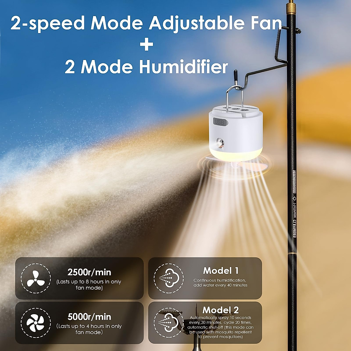 Qoosea Camping Lantern 4 in 1 Camping Lights with Fan & Intelligent Humidifier Rechargeable Camping Lights & Lanterns for Outdoor Camping