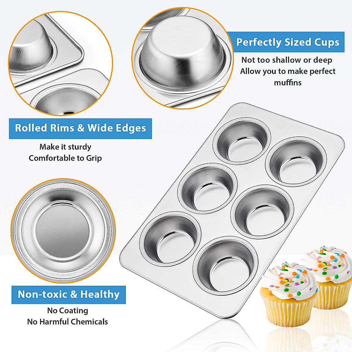 E-far Muffin Pan Set of 2, Stainless Steel Muffin Pan Tin for Baking, 6-Cup Metal Cupcake Pan Tray, Non-toxic & Healthy, Oven & Dishwasher Safe, Regular Size - 11.44 x 7.12 x 1.25 inch