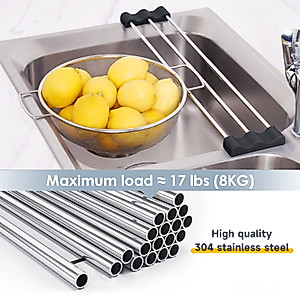 Tomorotec Adjustable Over-The-Sink Kitchen Rack for Dishcloths, Sponges, Bottles and Brushes - Heat-Resistant Stainless Steel with Slim, Expandable Design and Multifunctional Silicone Holder