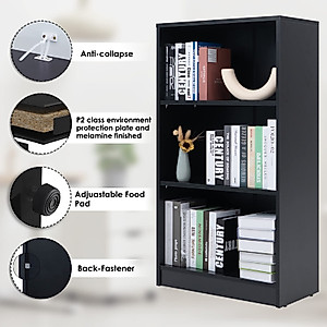 Sunon 3 Shelf Wood Bookcase Freestanding Display Shelf Adjustable Layers Bookshelf for Home Office Library Small Narrow Space (Black, 3-Layers)