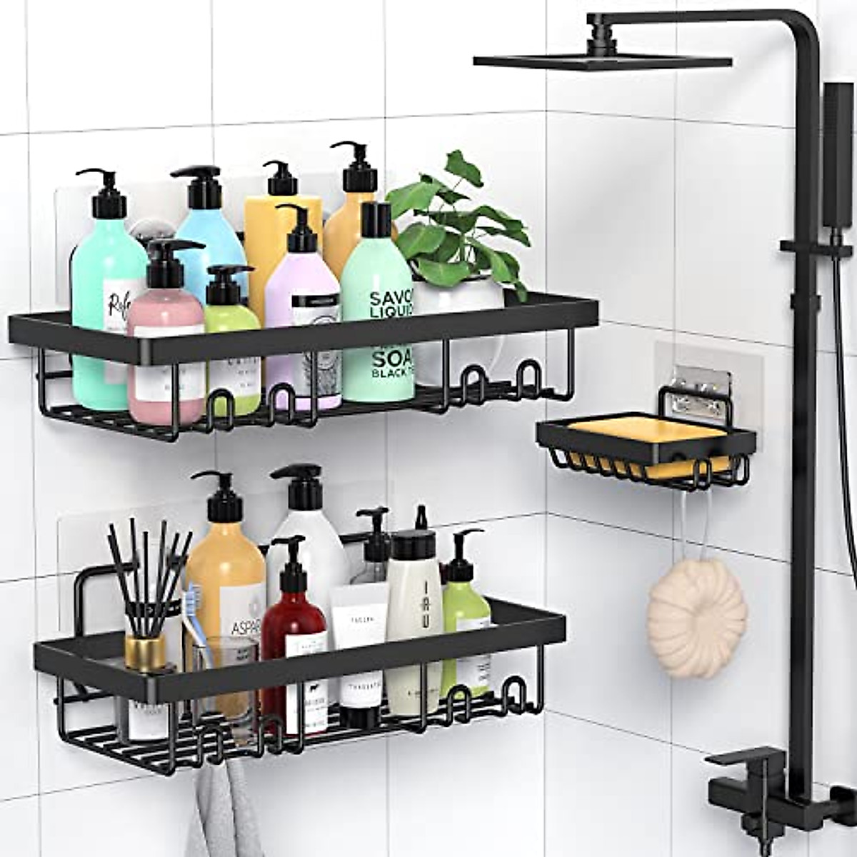 QUIUMES Shower Caddy, Bathroom Organizer Adhesive Shower Shelf [3-Pack], Rustproof Shower Shelves And 10 Hooks, No Drilling Required, Shower Organizer Perfect For Holding Shampoo, Soap And More.