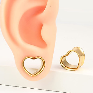 Casvort 4 PCS 12mm (1/2'') Hypoallergenic 316 Stainless Steel Gold Cute Heart Double Flared Ear Gauges Plugs Ear Tunnels Saddle Plugs Body Piercing Jewelry