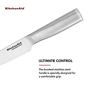 KitchenAid Gourmet Forged Stainless Steel Serrated Utility Knife with Custom-Fit Blade Cover, 5.5-inch, Sharp Kitchen Knife, High-Carbon Japanese Stainless Steel Blade, Brushed Stainless Steel Handle