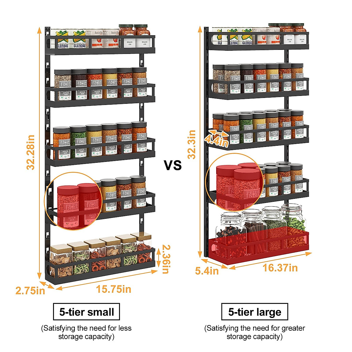 X-cosrack 6-Tier Wall-Mounted Spice Rack Organizer with Mixed Basket Sizes, Height-Adjustable Hanging Spice Shelf for Kitchen Pantry Cabinet, Large-Capacity Seasoning Holder, Black