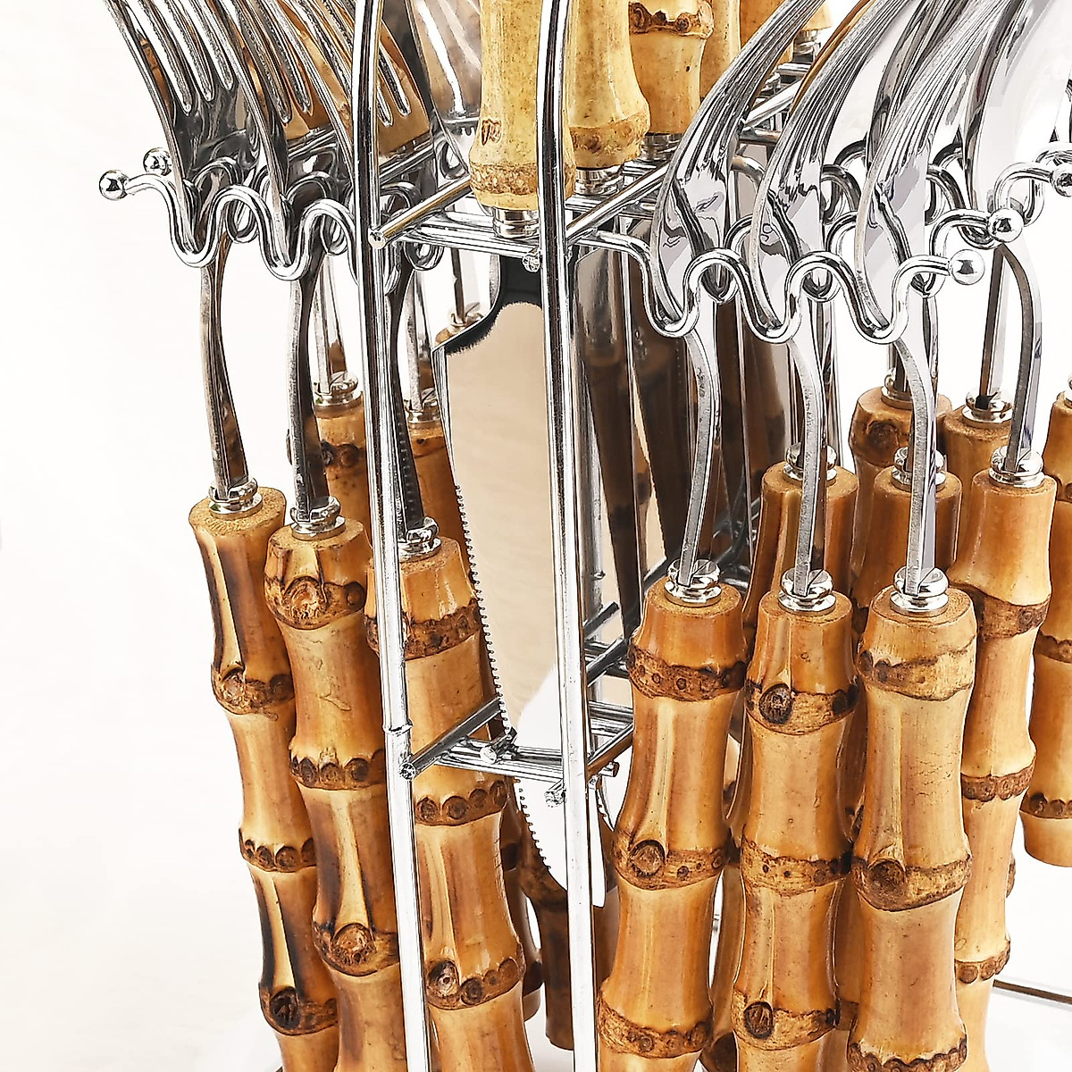 Snplowum 24-Piece Bamboo Flatware Set, Silver Stainless Steel Tableware Set With Cutlery Holder, Kitchen Utensils For Home And Restaurant Daily Use, Mirror Polish, Service For 6