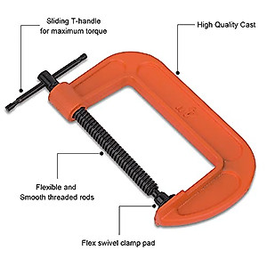 2 Pack 4 Inch C-Clamp Set, Heavy Duty G Clamps with 4-Inch Jaw Opening Sliding T-Bar Handle, Industrial Strength 4" C Clamps for Woodworking, Welding, Building