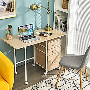 Tangkula Folding Computer Desk with 3 Storage Drawers, Mobile Home Office Desk Study Writing Desk with Smooth Wheels, Space Saving Compact Desk for Dorm Apartment, Rolling Folding Desk Table