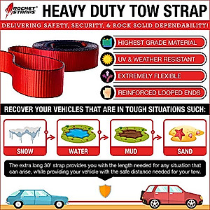 Rocket Straps Tow Strap - Premium Heavy Duty 3" x 30' Recovery Tow Strap | 30,000 LBS Capacity Recovery Strap | Vehicle Tow Straps with Protected Loop Ends | Emergency Off Road Towing Rope