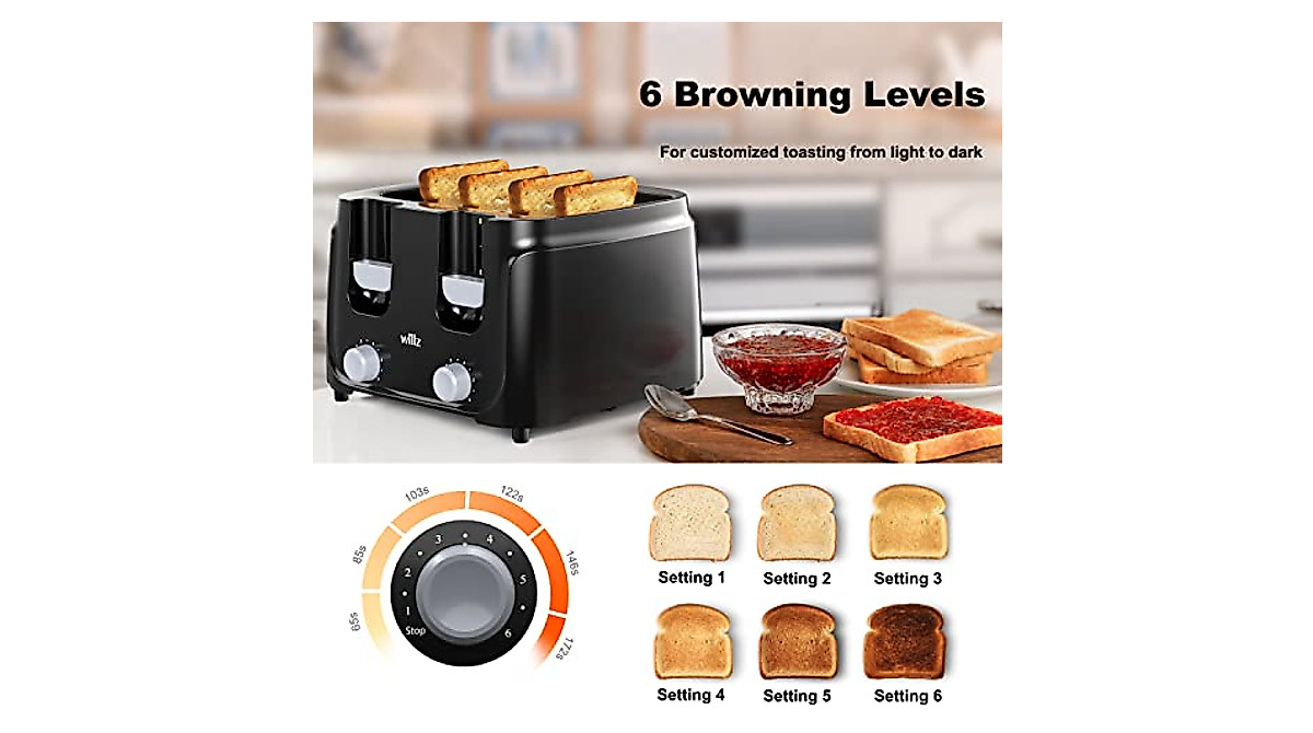 Willz 4-Slice Toaster with Wide Slots & 6 Browning Levels