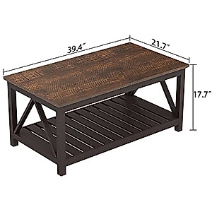 ChooChoo Farmhouse Coffee Table, Rustic Vintage Living Room Table with Shelf, 40 Espresso