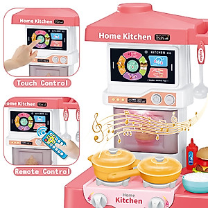 HCFJEH Kids Play Kitchen Toy Playset,Pink Kitchen Toy Set with Play Sink & Pretend Steam, Toddler Kitchen Accessories Set with Sounds & Light, Birthday for Boy Girl 3 4 5 7 8 Year Old
