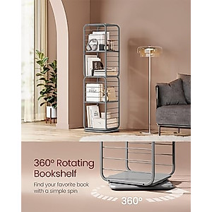 VASAGLE 4-Tier Rotating Bookshelf, Bookcase with Bookends for Small Spaces, Corner Shelf, Steel Frame, Dove Grey ULLS127G36