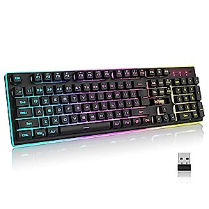 RedThunder K10 Wireless Gaming Keyboard, Rechargeable 3000mAh 2.4G LED Backlit Wireless Keyboard, Ergonomic Keyboard with Mechanical Feeling Keys for PC PS4 Xbox One Mac, Teclado Gamer, Black