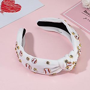 Mixcbe White Sparkle Crystal Baseball Charm Embellished Wide Knotted Headband for Women, Game Day Top Knot Hairband, Baseball Mom Accessories Gift for Sports Fans(1 Count)