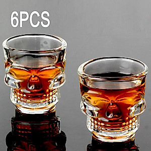 XXYXXY 6 Heavy Bottom Whiskey Glasses, Party Home and Entertainment Catering Beverage Drinking Glassware for Brandy, Liquor, Bar Decor, Jelly Glasses, 1.75 oz, Clear Skull Shaped Glasses