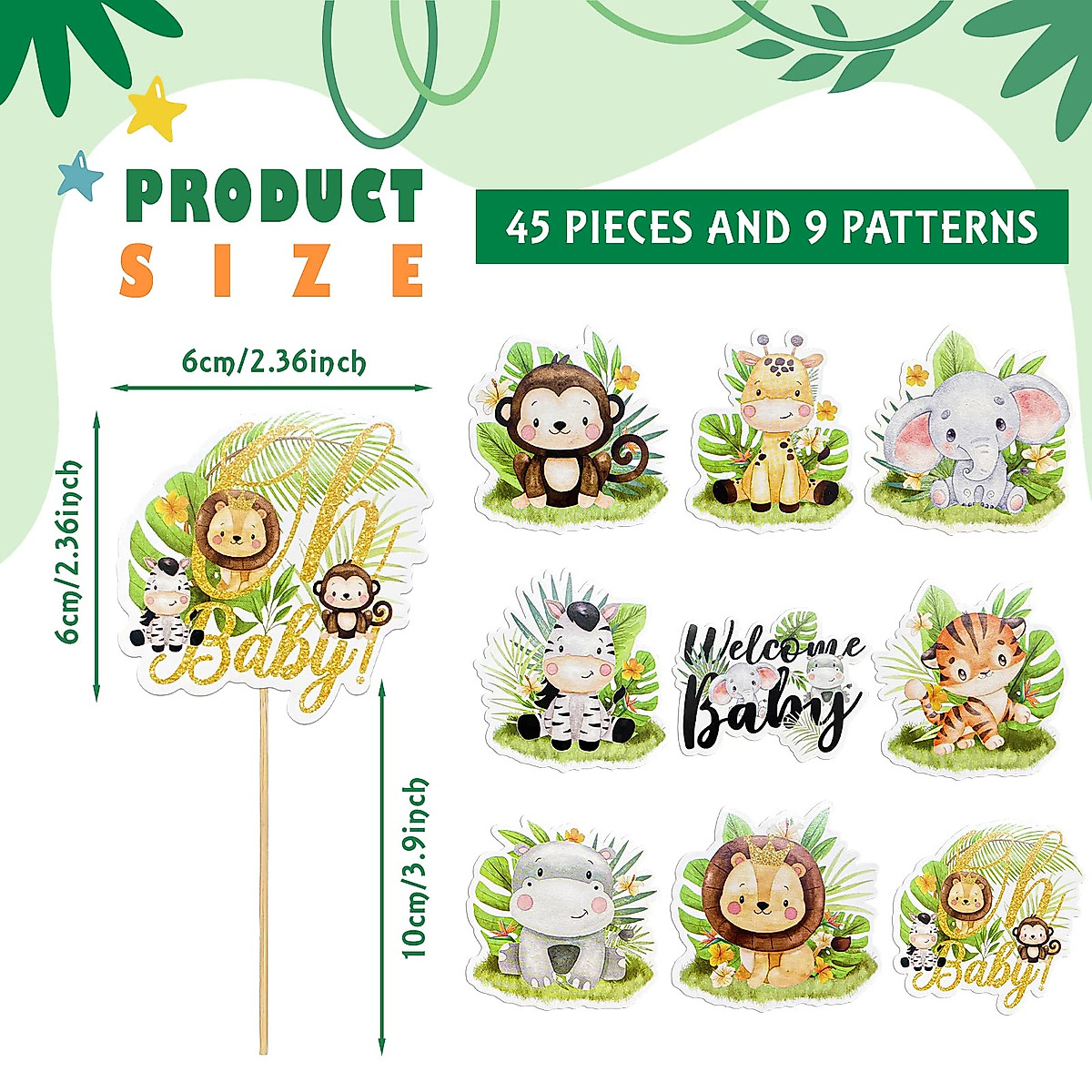 Weecent 45 Pcs Safari Baby Shower Cupcake Toppers Jungle Animals Oh Baby Party Decorations Safari Theme Cupcakes Toppers for Boys Kids Baby Shower Nursery Wild Party Supplies