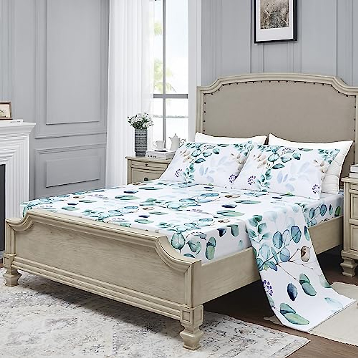 YIYEA Queen Sheet Set - Plant Print - Luxury Brushed Microfiber Bed Sheets - Lightweight Breathable Cooling Sheets for Queen Size Bed - 16" Deep Pocket, Shrinkage, and Fade Resistant - 4 PC