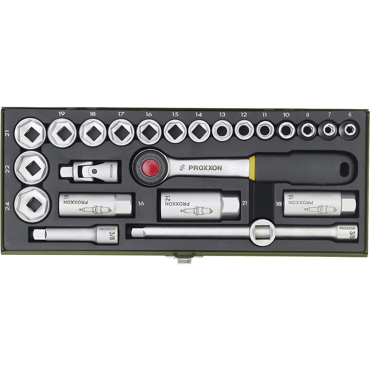 PROXXON 23110 Socket Set, 0 V, Multi-Colour, 3/8-Inch, Set of 24 Piece