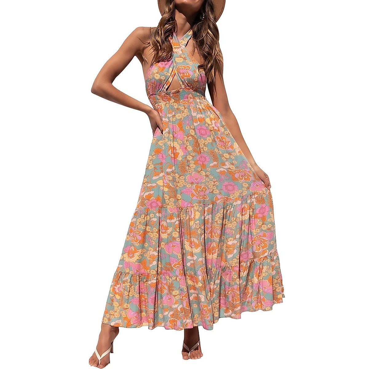 ZESICA Women's 2025 Summer Crossover Halter Neck Sleeveless Plaid Cut Out Backless Flowy A Line Maxi Dress,GreyGreen,Medium